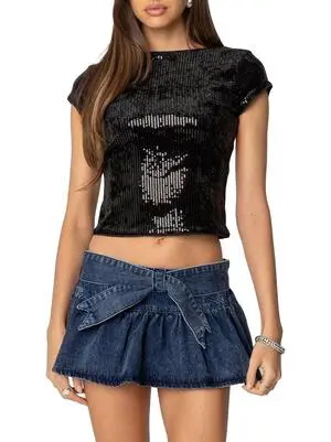 EDIKTED Open Back Sequin Crop Top - Black