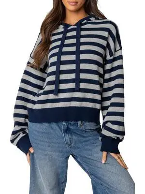 EDIKTED Stripe Hooded Cotton Sweater - Navy