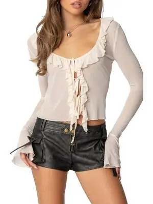 EDIKTED Ruffle Sheer Top - Cream