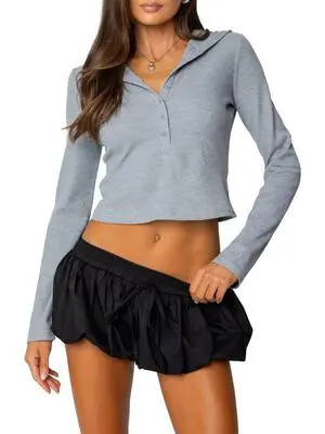 EDIKTED Hooded Long Sleeve Crop Henley Top - Gray-melange