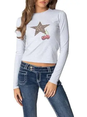 EDIKTED Cherry Leopard Star Long Sleeve Graphic T-shirt - Gray-melange