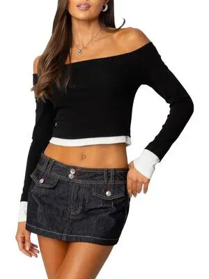 EDIKTED Jovi Layered Off The Shoulder Crop Top - Black-and-white