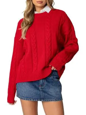 EDIKTED Acacia Oversize Cotton Cable Sweater - Red