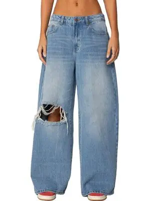 EDIKTED Ripped Low Rise Jeans - Blue-washed