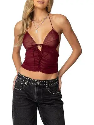 EDIKTED Strappy Ruched Mesh Camisole - Burgundy