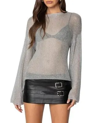 EDIKTED Sheer Metallic Bell Sleeve Sweater - Silver