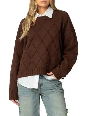 EDIKTED Cass Textured Argyle Oversized Sweater - Brown