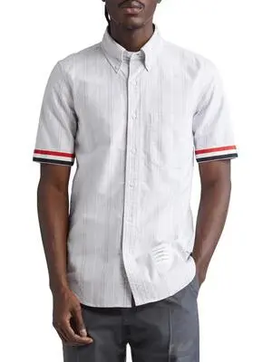 Thom Browne Straight Fit Stripe Short Sleeve Cotton Button-down Shirt - Medium Grey