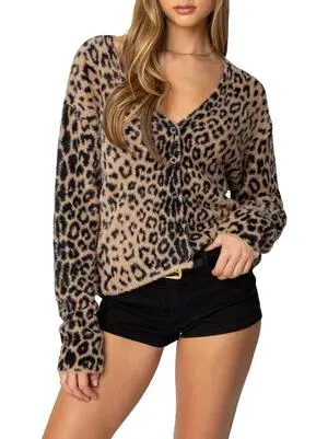 EDIKTED Printed Fuzzy V-neck Cardigan - Leopard