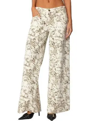 EDIKTED Snow Leopard Print Wide Leg Jeans - Cream
