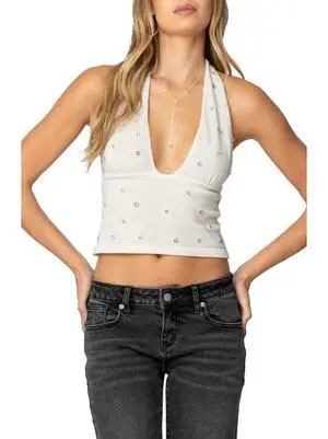 EDIKTED Embellished Halter Crop Top - Cream