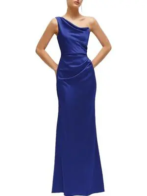 After Six One-shoulder Charmeuse Gown - Cobalt Blue