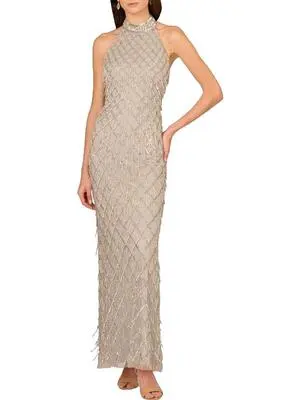 Adrianna Papell Beaded Halter Column Gown - Silver