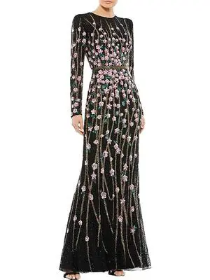 Mac Duggal Embellished High Neck Long Sleeve Gown - Black Multi