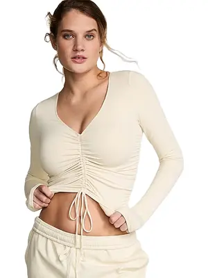 Pink Relay Ruched Long-sleeve Top - White,ivory