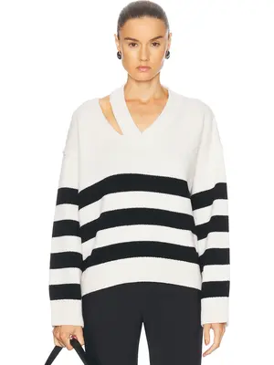 RÓHE Deconstructed Cashmere Knitted Breton V-neck Sweater - Off White & Black White Stripe