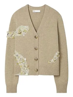 Tory Burch Embellished Snake Cardigan - Oatmeal Melange