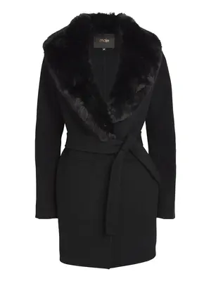 Maje Wool-blend Coat With Faux Fur Collar - Black