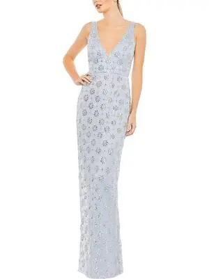 Mac Duggal Embellished Mesh V-neck Gown - Powder Blue
