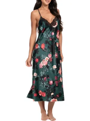 IN BLOOM BY JONQUIL Lace Trim Stretch Satin Nightgown - Forest Green