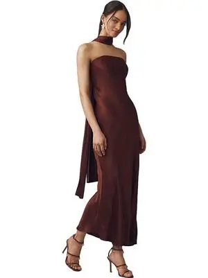 Bhldn Leah Strapless Satin Slip Midi Dress - Cocoa Plum