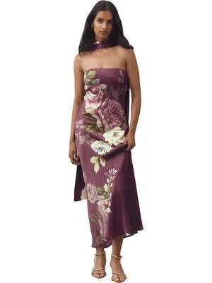 Bhldn Leah Strapless Satin Slip Midi Dress - Purple Pattern