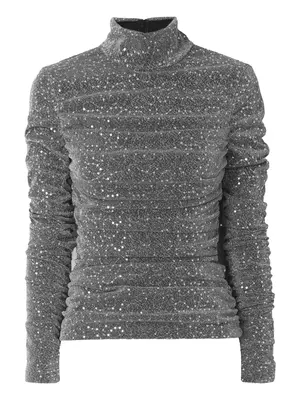 Dolce & Gabbana Ruched Sequin-embellished Lurex Turtleneck Blouse - Silver