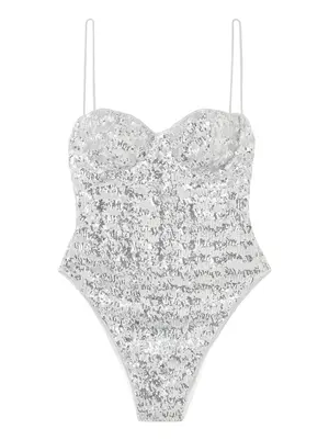 Oseree Sequined Jersey Balconette Bodysuit - Silver