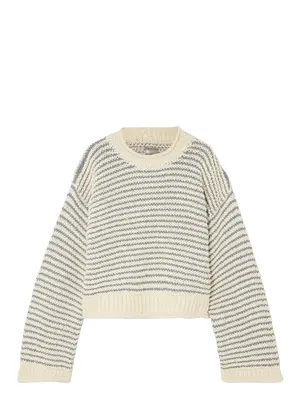 MOTHER The Bell Sleeve Striped Cotton Sweater - Green