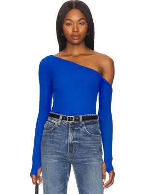 Michael Lauren Magdalino Asymmetrical Fitted Cold Shoulder Long Sleeve Top - Cobalt