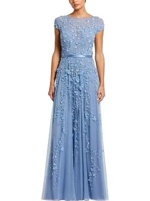 Mac Duggal Floral Embellished Mesh Gown Sky Blue