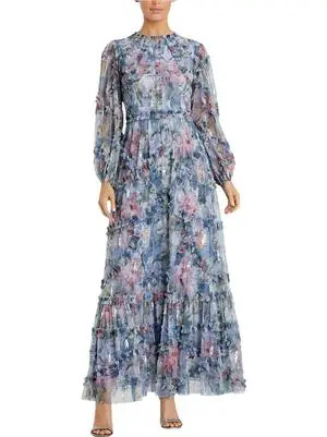Mac Duggal Long Sleeve High Neck Sequin Ruffle Gown - Platinum Multi