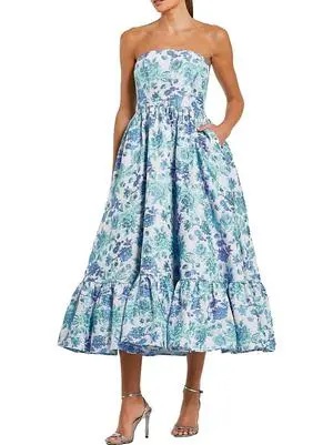 Mac Duggal Floral Brocade Strapless A-line Midi Dress - Blue Multi