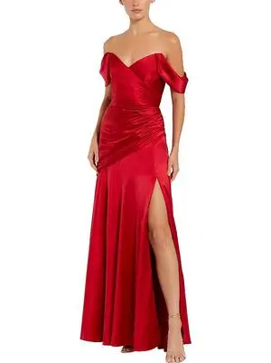 Mac Duggal Hard Satin Off-the-Shoulder Crossover Gown Ruby