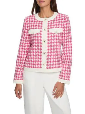 Elie Tahari Farley Houndstooth Cotton Tweed Jacket - Haute Pink And Sky White