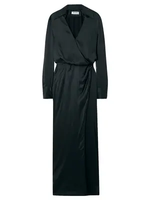 Attico Satin Maxi Wrap Dress - Black
