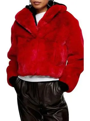 Topshop Faux Fur Crop Jacket With Notched Lapels - Red
