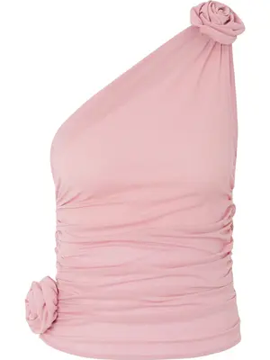 Magda Butrym One-shoulder Appliquéd Ruched Stretch-silk Top - Pink