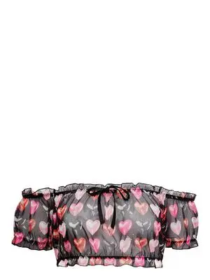 Fleur Du Mal Ruched Mesh Crop Top - Heartbreaker Print