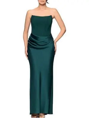 Betsy & Adam Strapless Mixed Media Gown - Pine