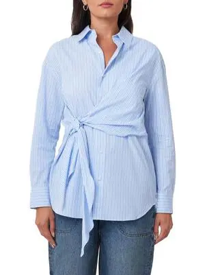 Scotch & Soda Stripe Side-tie Cotton Shirt - Sky Blue/ White Stripe