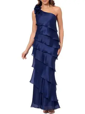 XSCAPE EVENINGS Xscape Evenings Ruffle One-Shoulder Tiered Charmeuse Gown