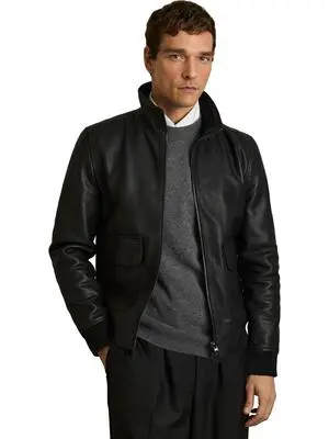 REISS Reed Pebbled-leather Funnel-neck Jacket - Black