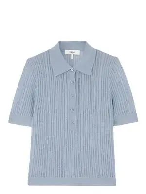 Chloé Ribbed Open-knit Wool Polo Shirt Light Blue