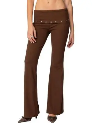 EDIKTED Aries Foldover Studded Waist Flare Leggings - Brown