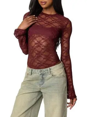 EDIKTED Colette Sheer Lace Bodysuit - Burgundy