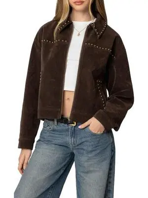 EDIKTED Memphis Studded Faux Suede Jacket - Brown