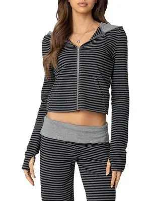 EDIKTED Meggy Stripe Zip Hoodie - Black-and-gray
