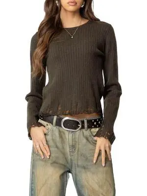 EDIKTED Distressed Ribbed Crewneck Sweater - Olive