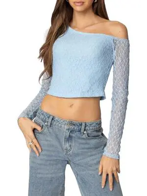 EDIKTED Fabia One-shoulder Lace Crop Top - Light-blue